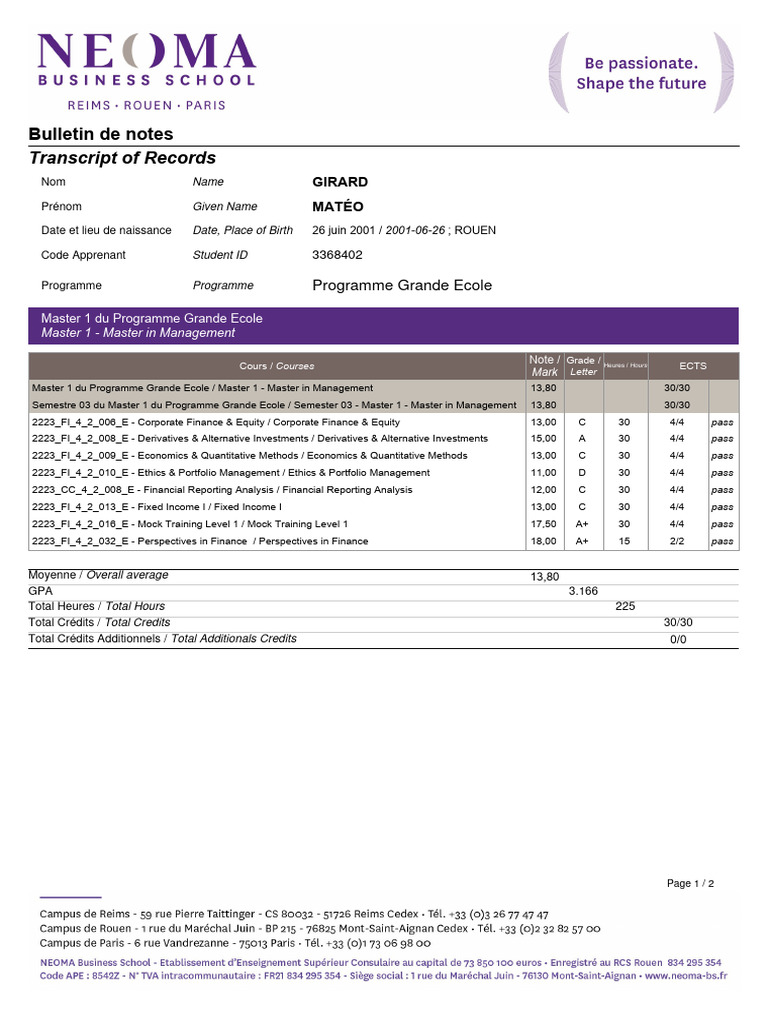 2223 - PGE - M1 Bulletin de Notes | PDF | Course Credit | Money