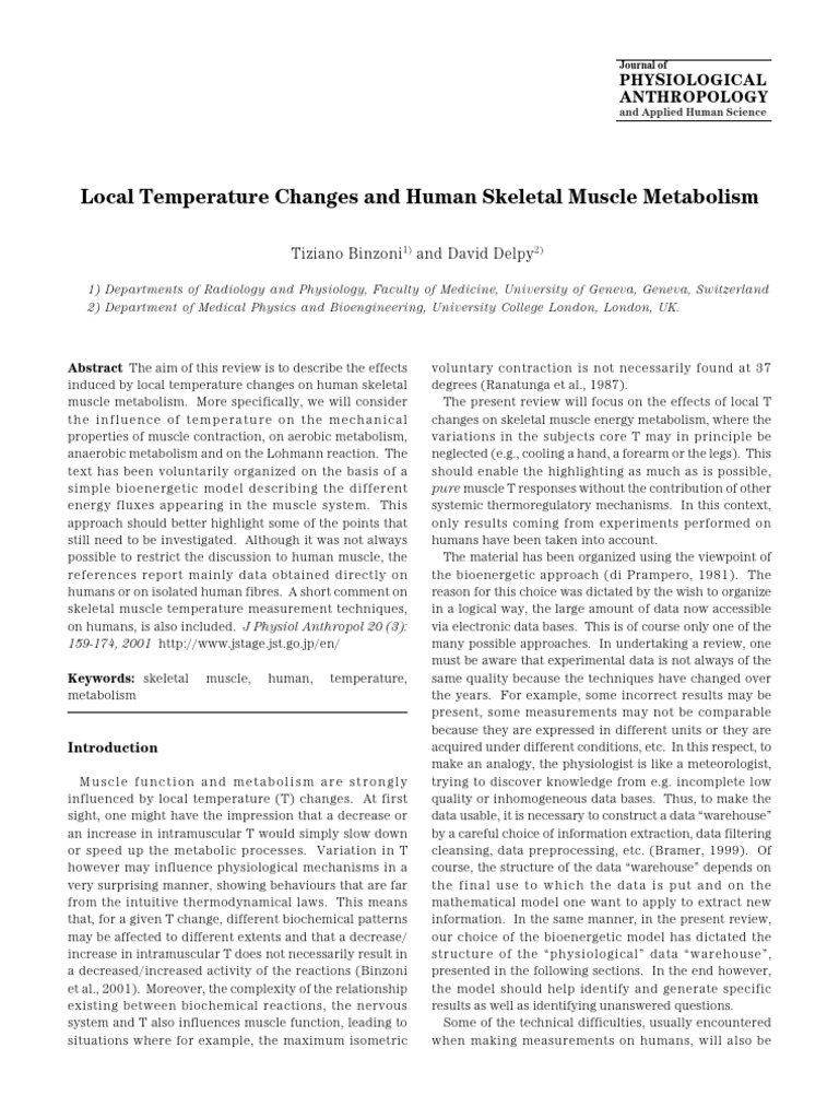 local temperature changes and human skeletal muscle metabolism | PDF ...