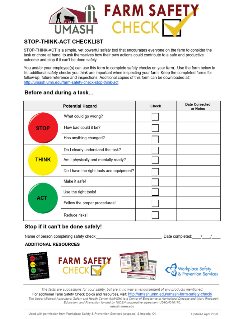 Farm Safety Checklist Stop Think Act | PDF | Occupational Safety And ...