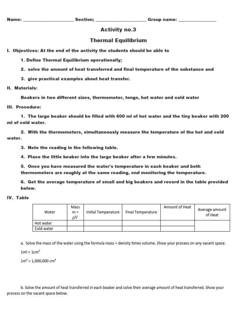 Thermal Equilibrium Activity | PDF | Temperature | Heat