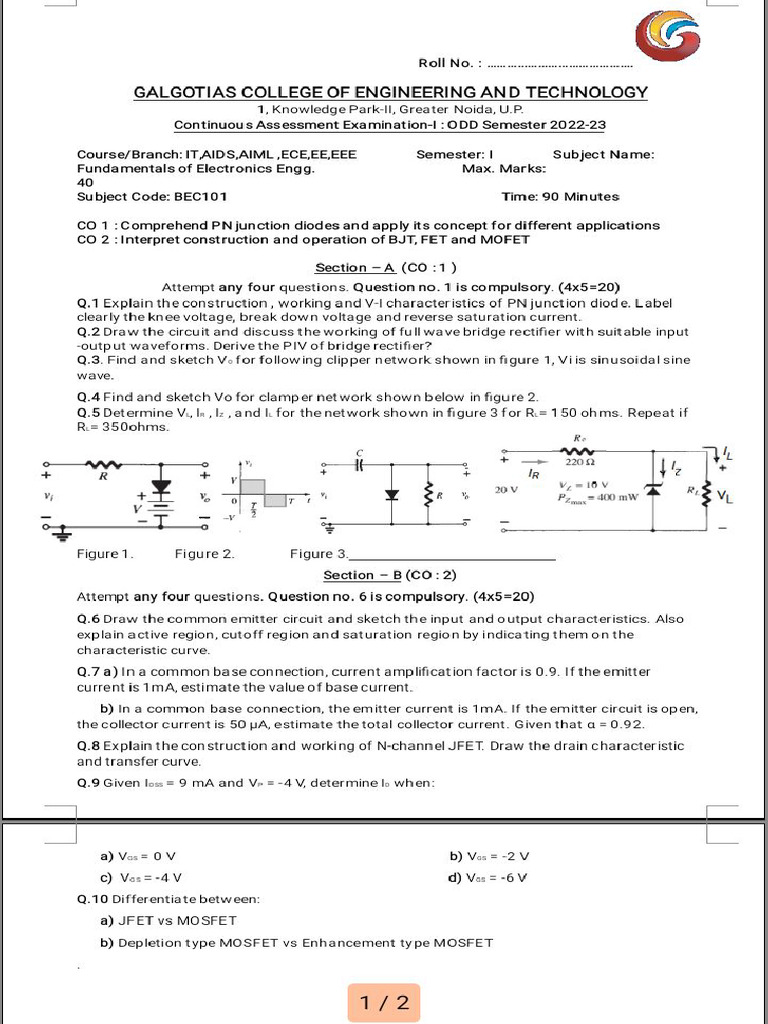 CAE-1 - Fundamentals of Electronics Engineering - BEC101 - SOLUTION ...