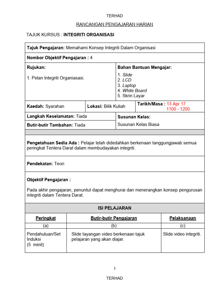 4 - RPH Tahap 2 - Memahami Konsep Integriti Dalam Organisasi | PDF