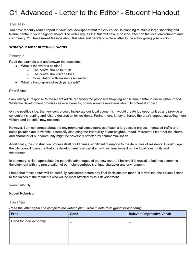 C1 Advanced Letter To The Editor Student Handout | PDF | Art