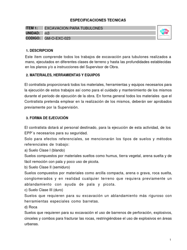 Especificaciones de Excavación para Tubulones | PDF | Volumen