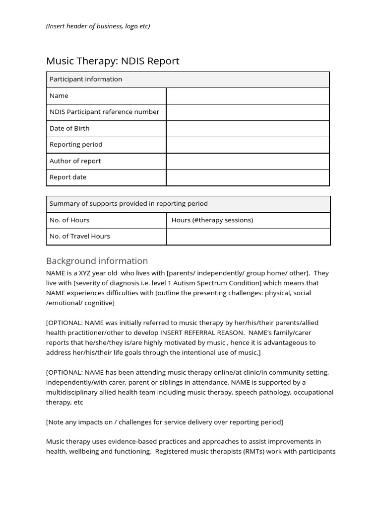 NDIS REPORT TEMPLATE - Music Therapy | PDF | Psychotherapy ...