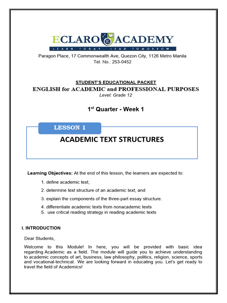 Week 1 Eapp Academic Text | PDF | Thesis | Essays
