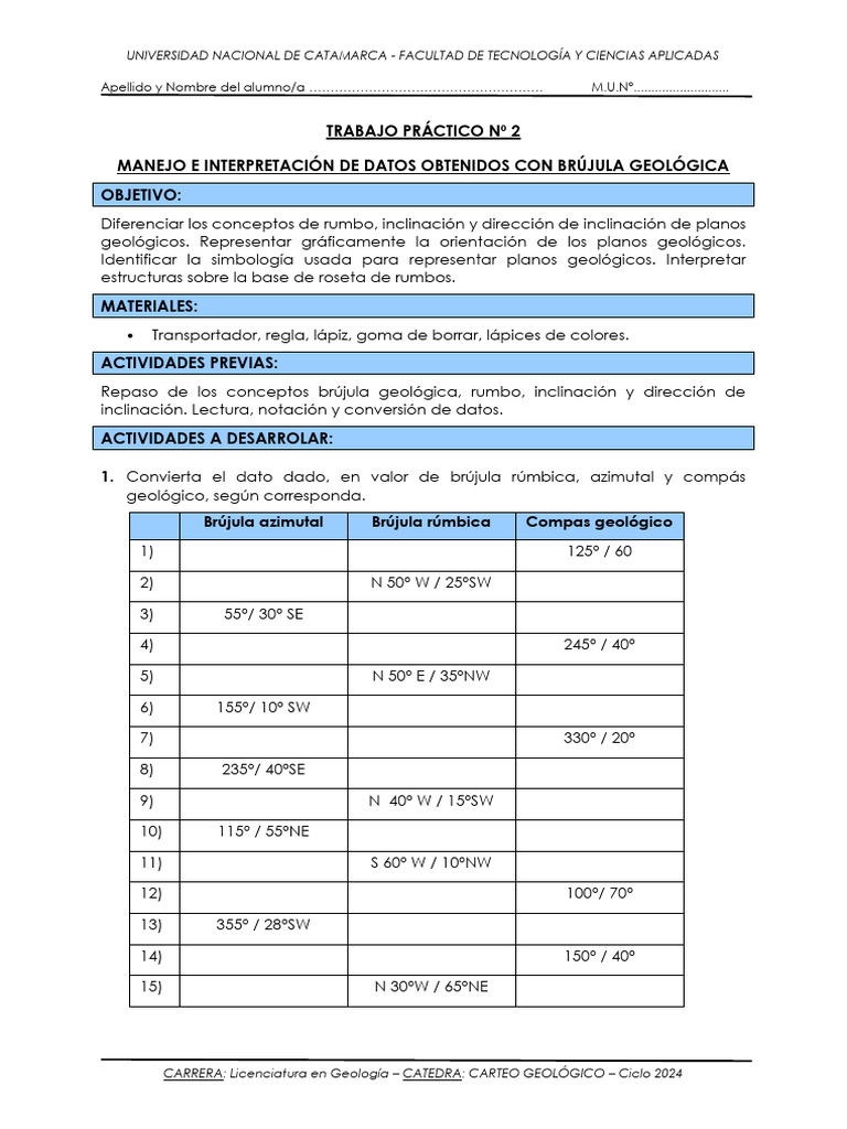 TP 2 - MANEJO DE DATOS CON BRUJULA GEOLÓGICA | PDF | Papelería | Materiales de Conservación y ...