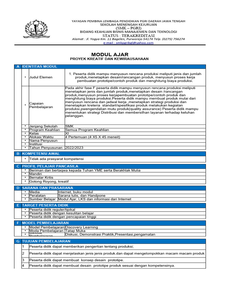 Modul Ajar Genap Mapel PKK 2023 | PDF