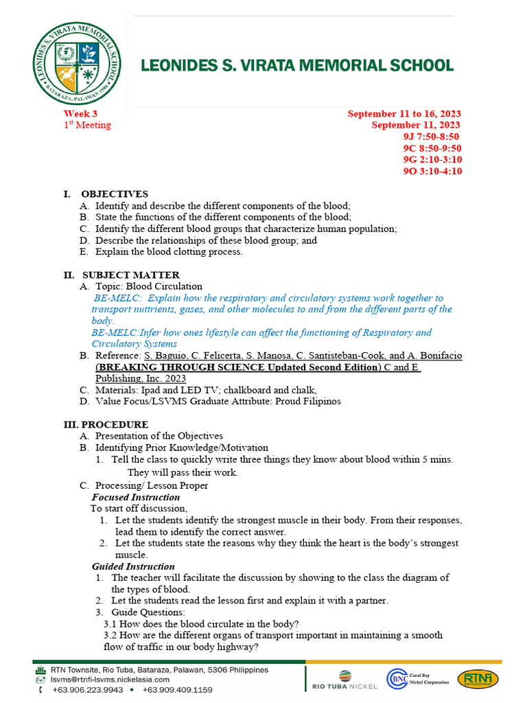 Grade 9 Science Lesson Plan Week 3 | PDF | Blood | Heart