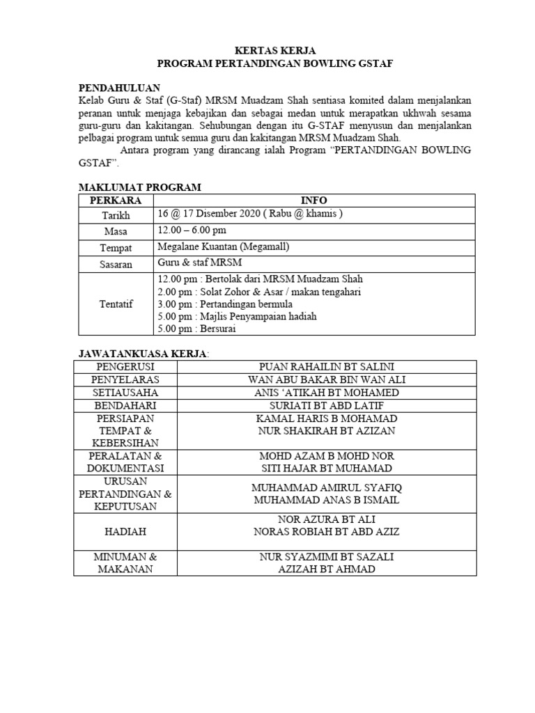 Kertas Kerja Program Pertandingan Bowling | PDF