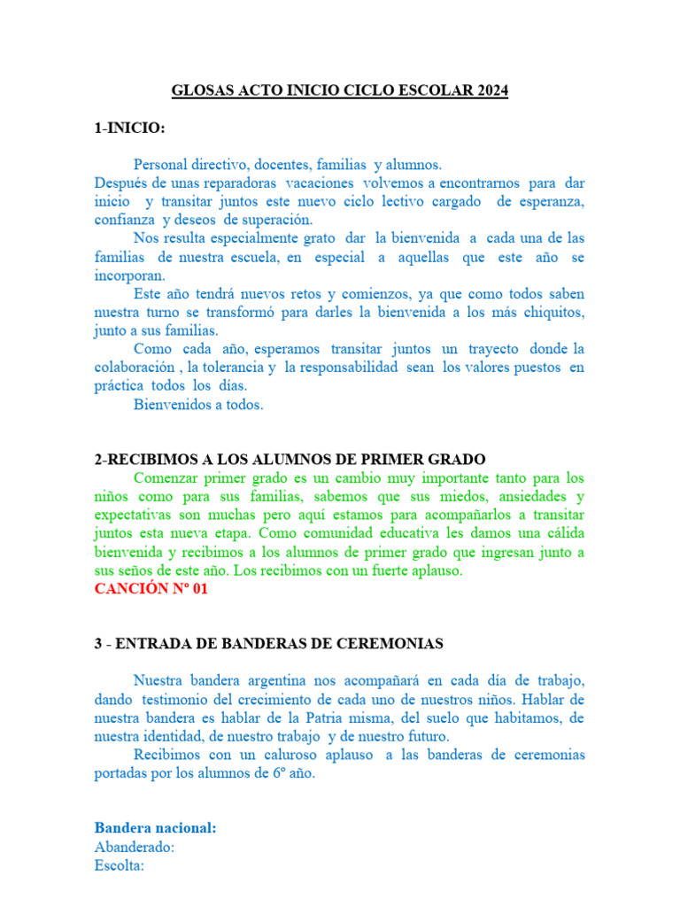 Glosas Acto Inicio Ciclo Escolar 2024 - e 19 | PDF | Artes del Lenguaje ...