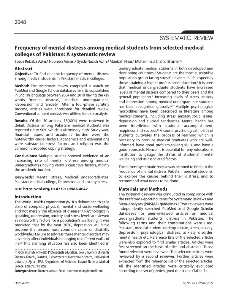 Frequency of Mental Distress Among Medical Students From Selected ...