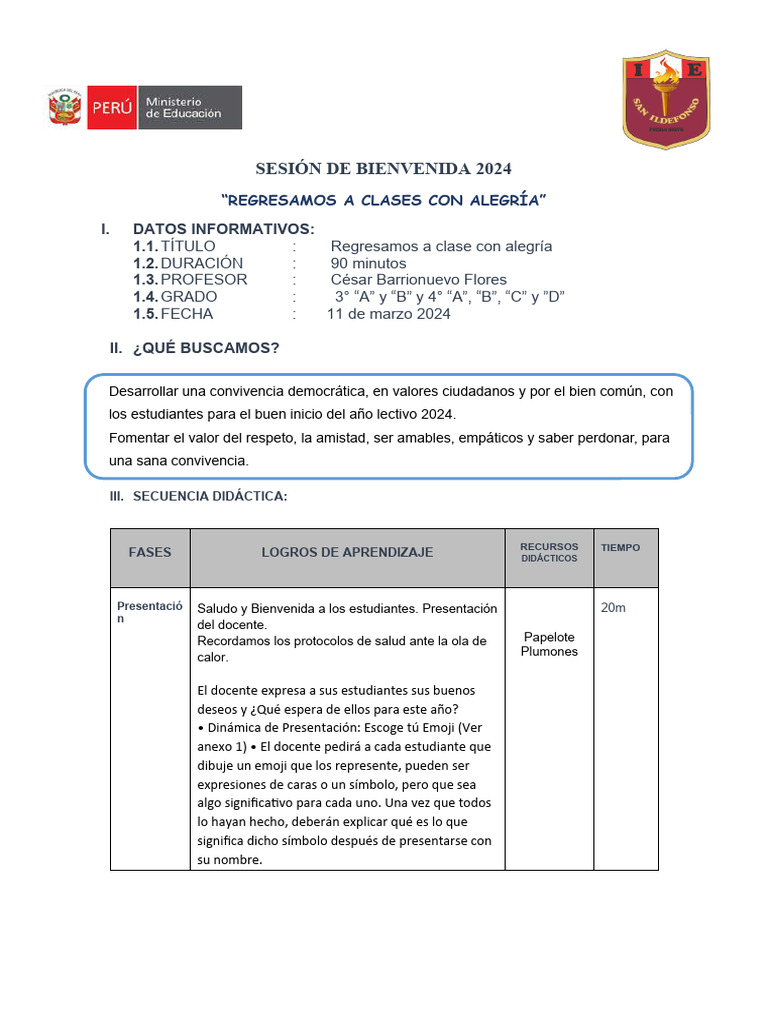 Bienvenida Escolar 2024: Dinámicas y Valores | PDF