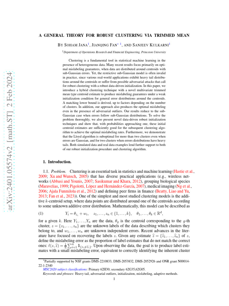 A GENERAL THEORY FOR ROBUST CLUSTERING VIA TRIMMED MEAN | PDF | Cluster Analysis | Robust Statistics