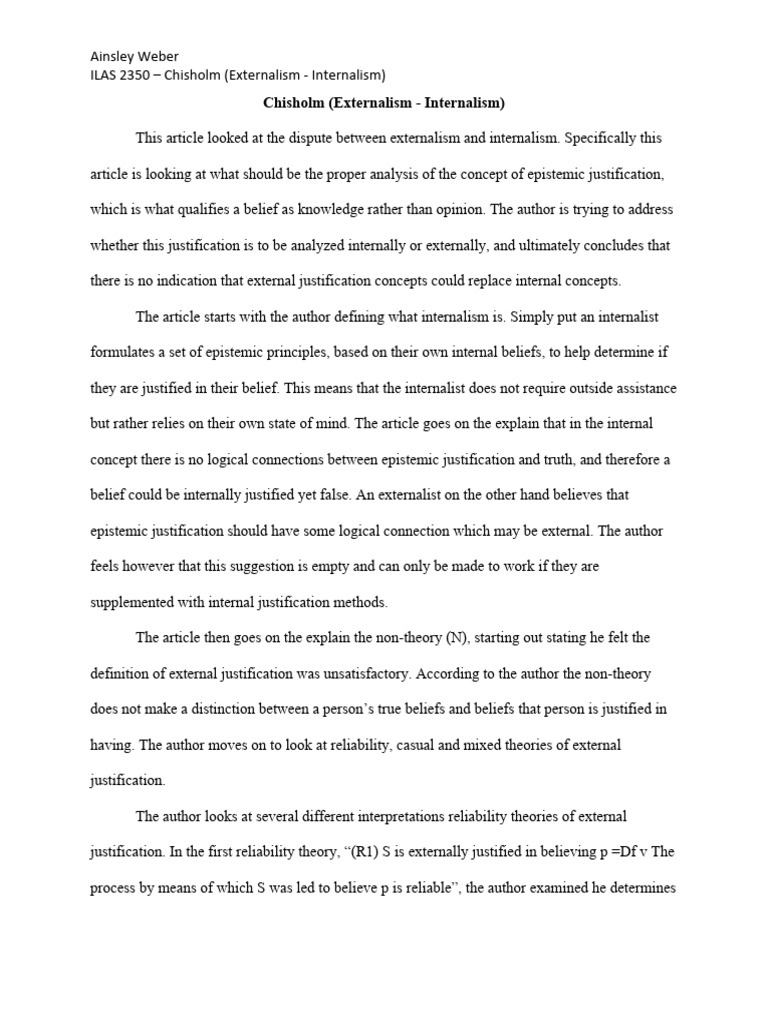 ILAS2350 Chisholm (Externalism - Internalism) | PDF | Internalism And ...