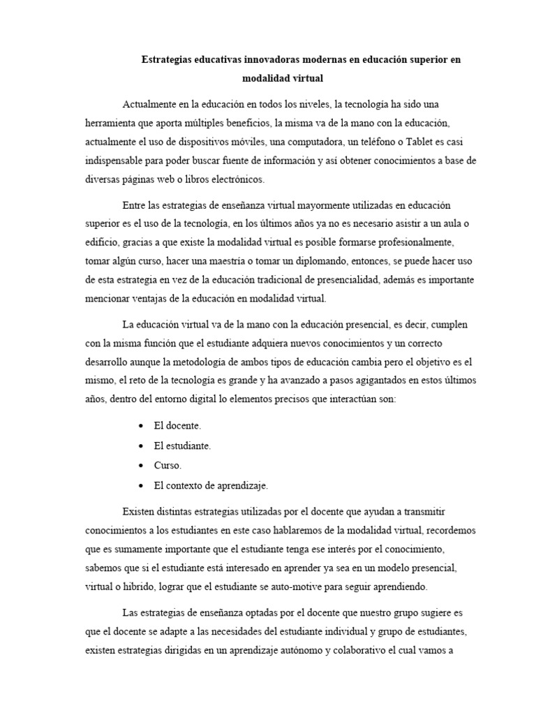 Estrategias educativas innovadoras modernas en educación superior en modalidad virtual | PDF ...
