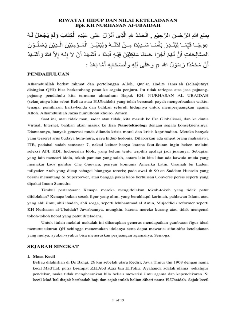 0.1sejarah Dan Nilai Keteladanan Bp. KH Nur Hasan Al-Ubaidah | PDF