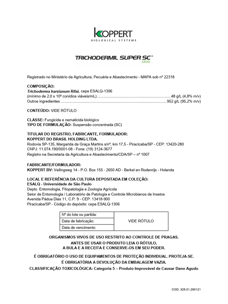 Bula - Trichodermil-Super-Sc-1306 Cod.325.01.290121 - Agrofit | PDF ...