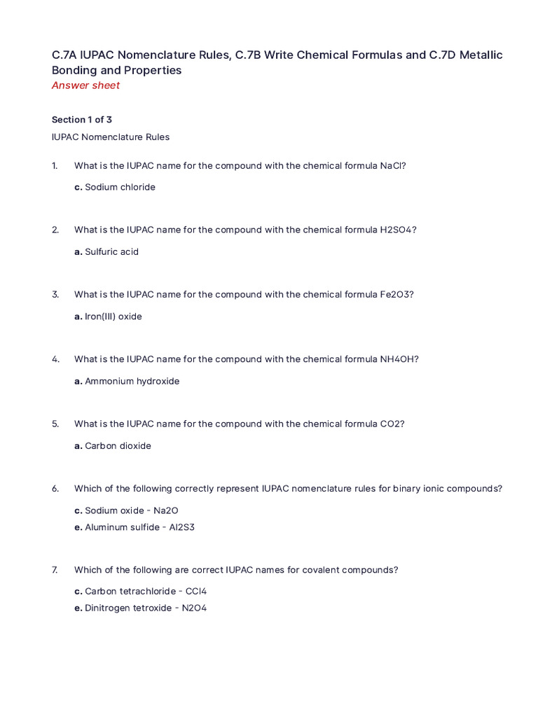 C.7A IUPAC Nomenclature Rules, C.7B Write Chemical Formulas and C.7D ...