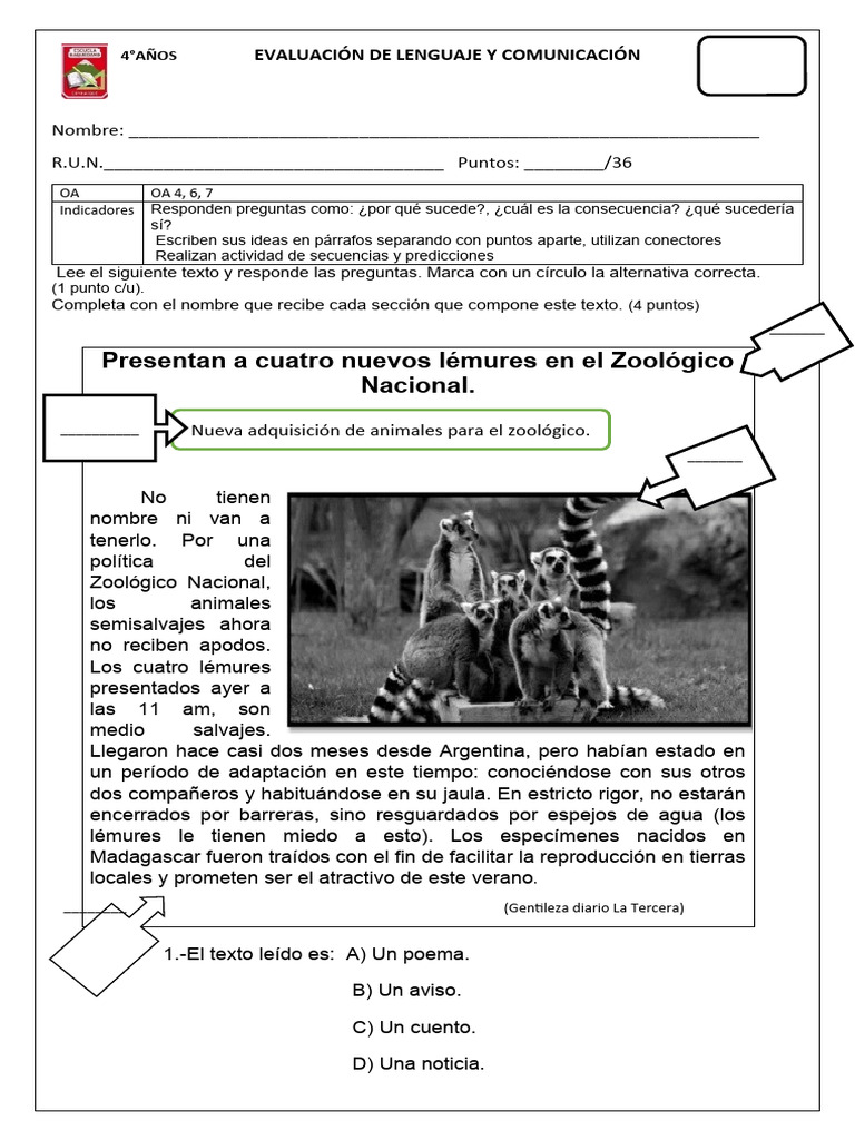 Evaluación de Lenguaje 4° Año Escolar | PDF | Artes del Lenguaje y ...