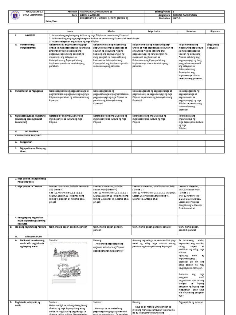 Grade 5 DLL Araling Panlipunan 5 Q3 Week 3 | PDF