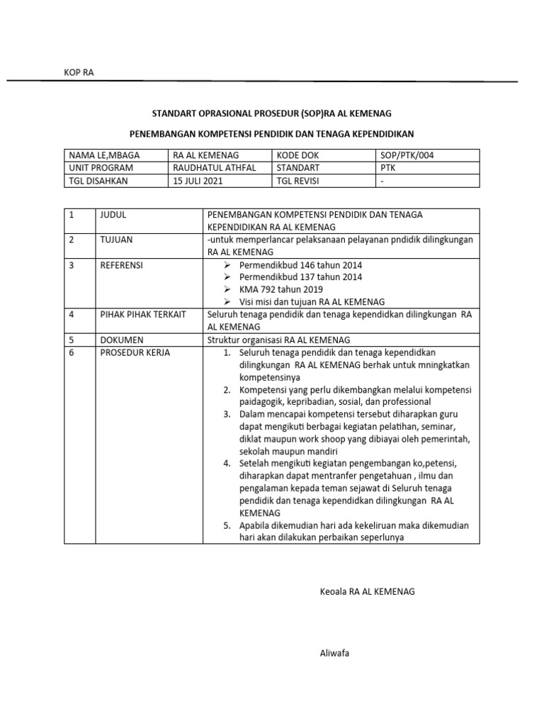 Contoh Sop Pengembangan Kompetensi Pendidik Dan Tenaga Kependidikan | PDF