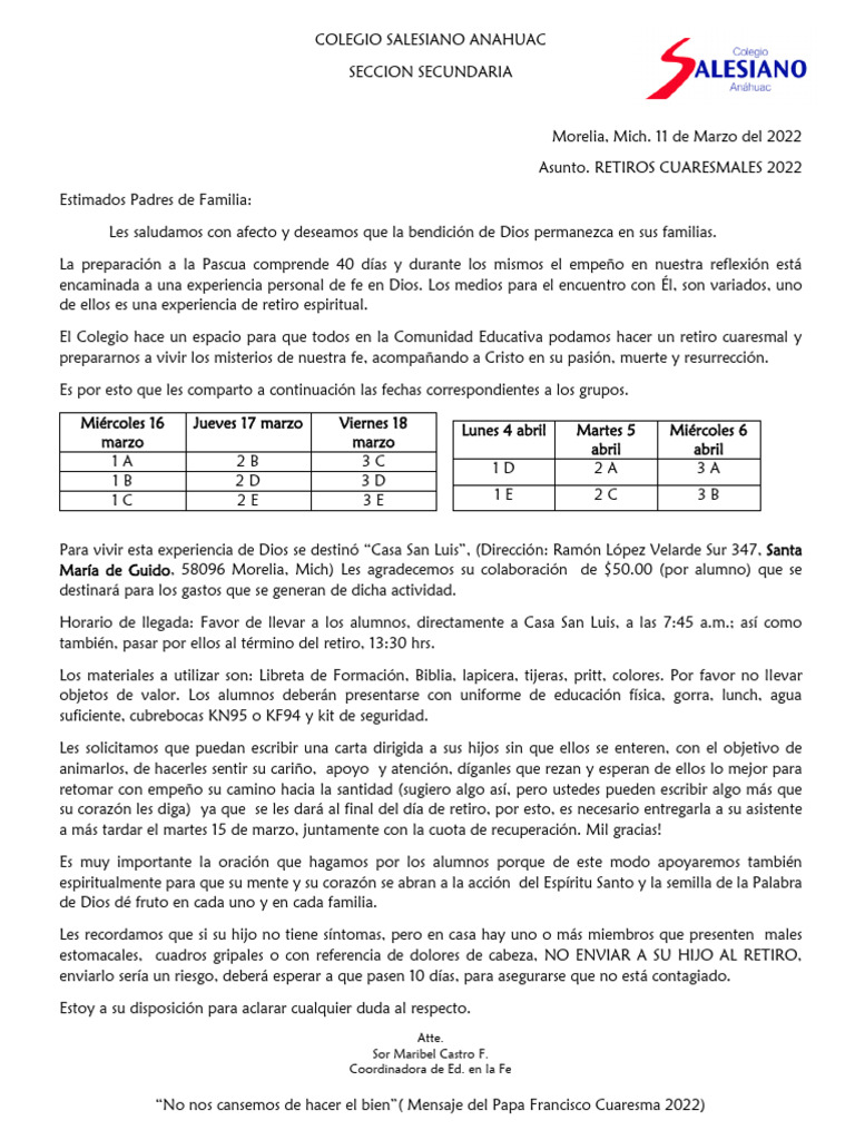 Circular Retiros Papás | PDF