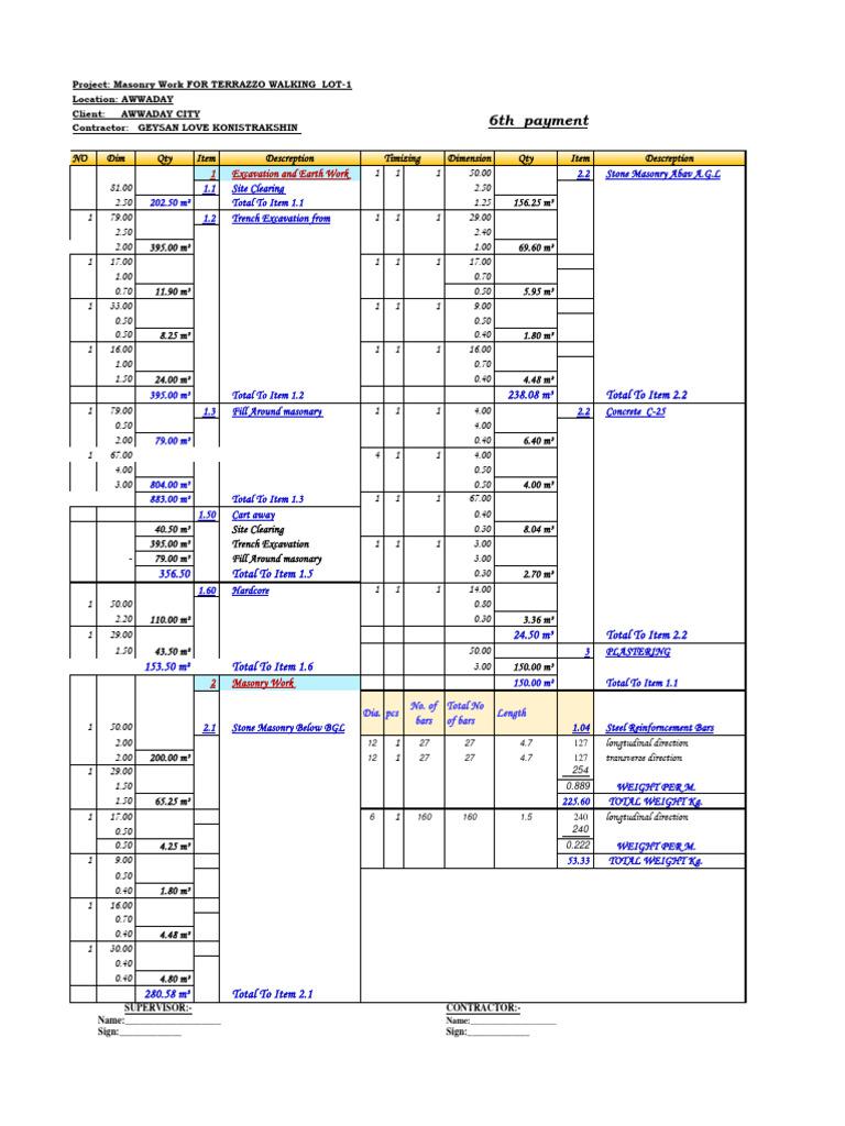 1 Excavation and Earth Work: 6th Payment | PDF | Masonry | Architectural Elements
