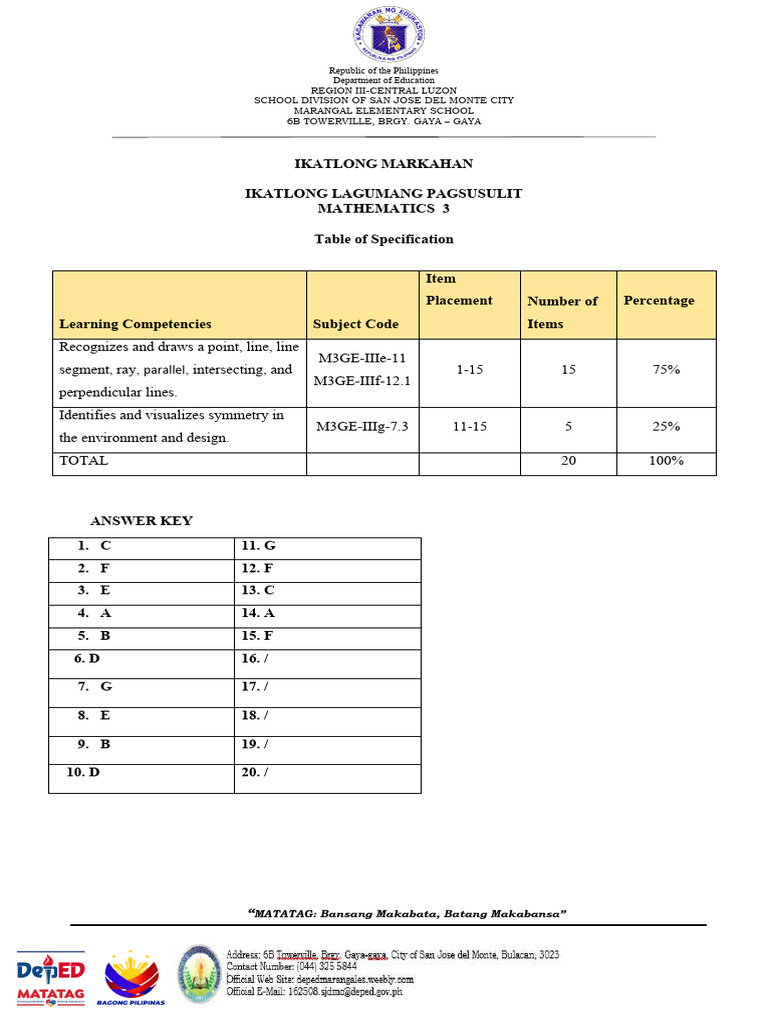 Answer Key for 3rd Grade Math Exam | PDF | Mathematical Concepts | Euclid