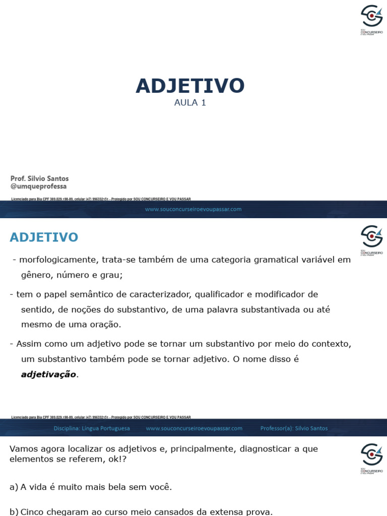 portugues Aula 1 adjetivo | PDF | Adjetivo | Substantivo