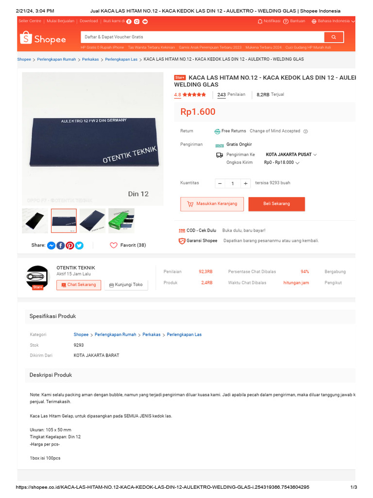 Jual KACA LAS HITAM NO.12 - KACA KEDOK LAS DIN 12 - AULEKTRO - WELDING ...