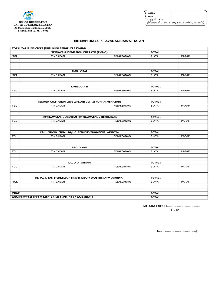 Rincian Biaya Pelayanan Rawat Jalan | PDF