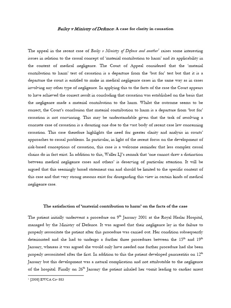 Bailey V MoD - A Case For Clarity in Causation | PDF | Negligence ...