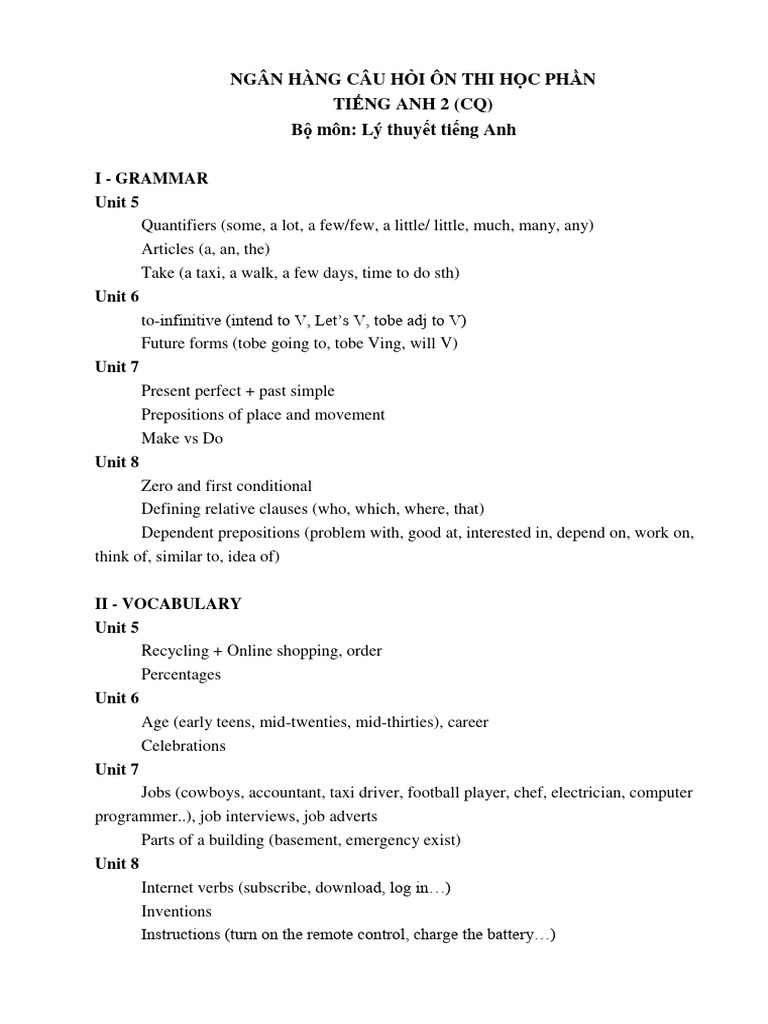 N1 - TA2 - CQ - 2023- câu hỏi ôn thi cuối kỳ | PDF | Schools