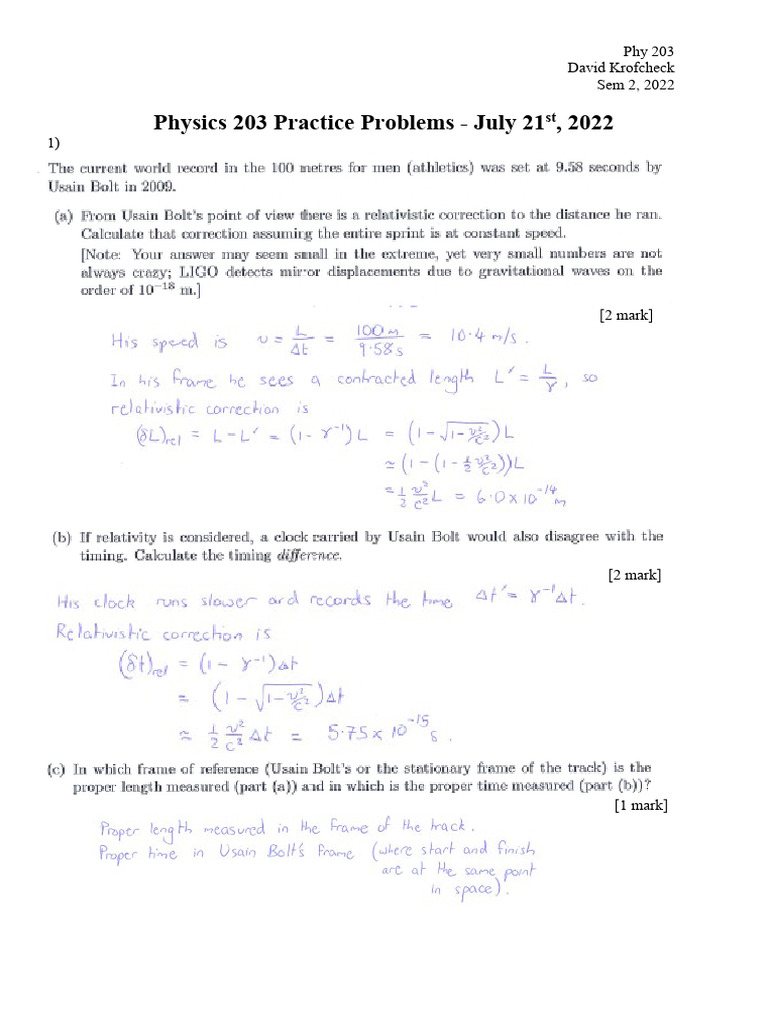 DK 203 2022 Practice Problems Solutions Relativity #1 | PDF