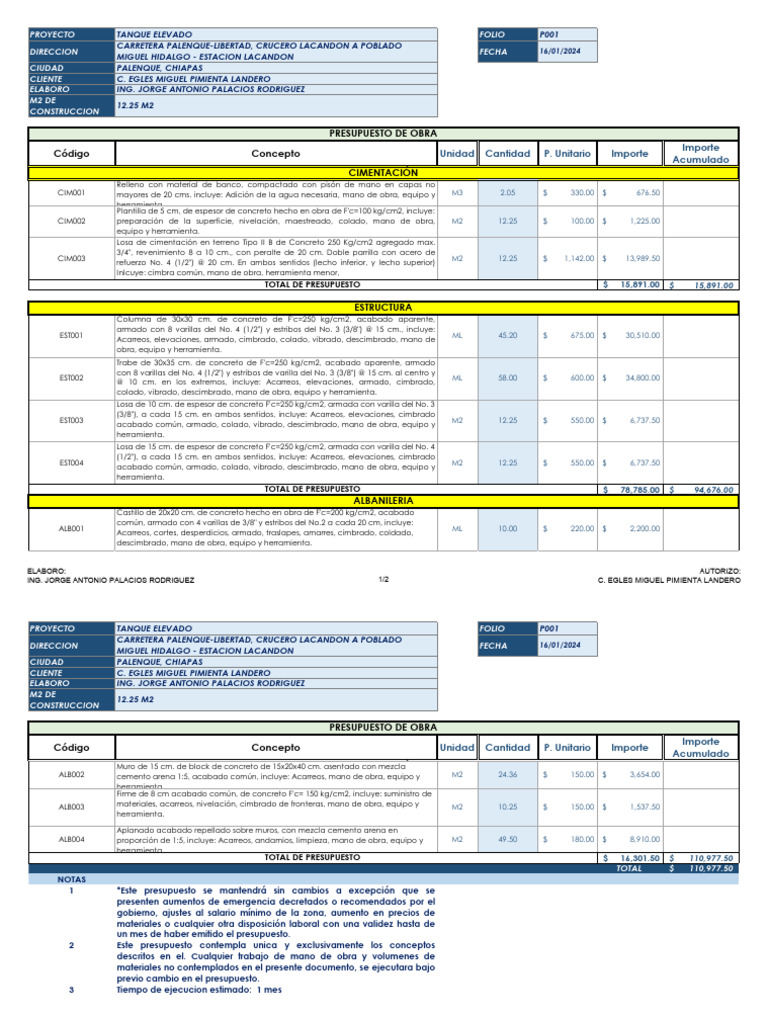 Presupuesto - Tanque Elevado (1) | PDF | Presupuesto | Hormigón