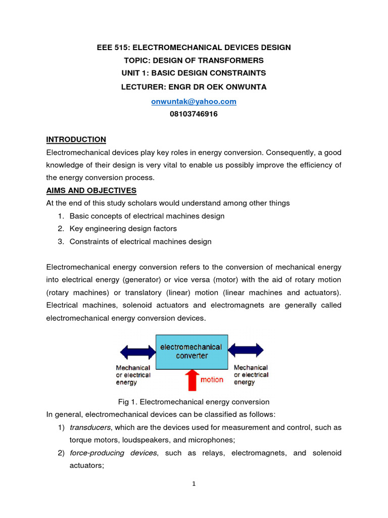 EEE 515 Electromechanical Devices Design - Lecture Note1 | PDF | Transformer | Electric Motor