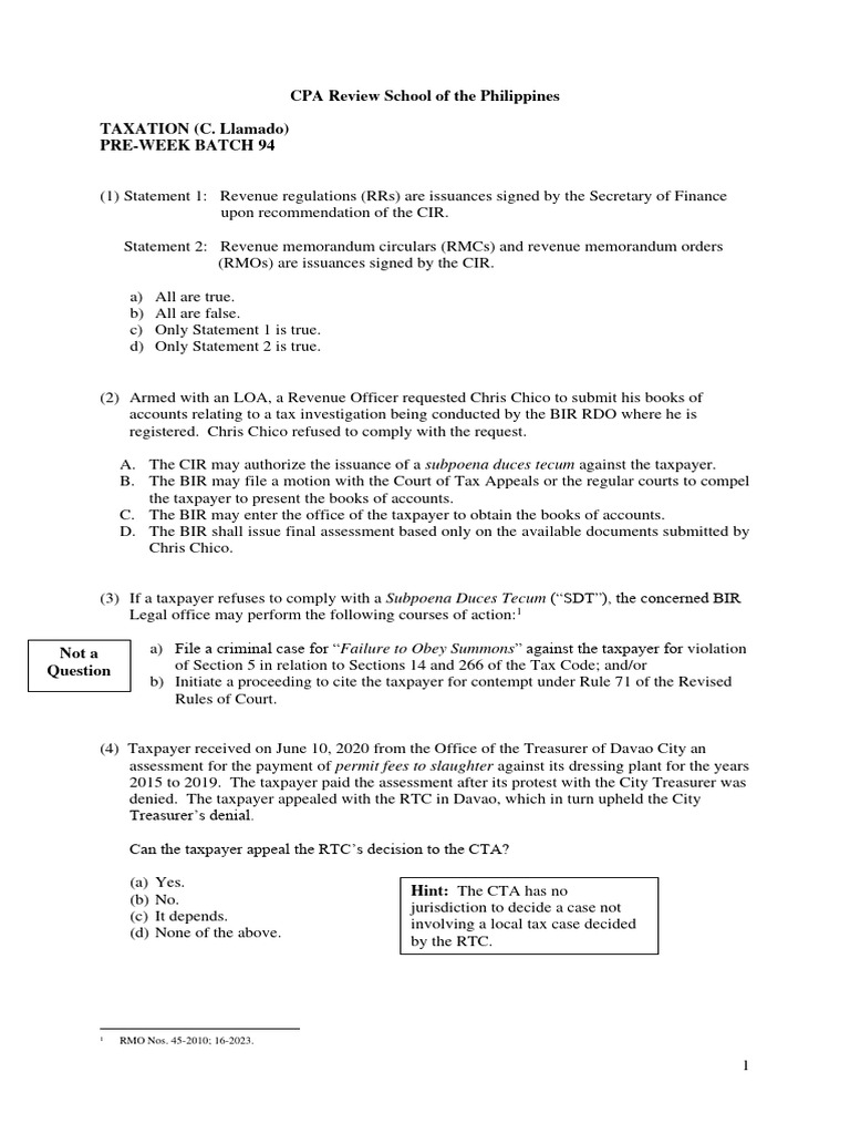 TAX (2 of 2) Preweek B94 - Questionnaire - Solutions PDF | PDF | Tax ...