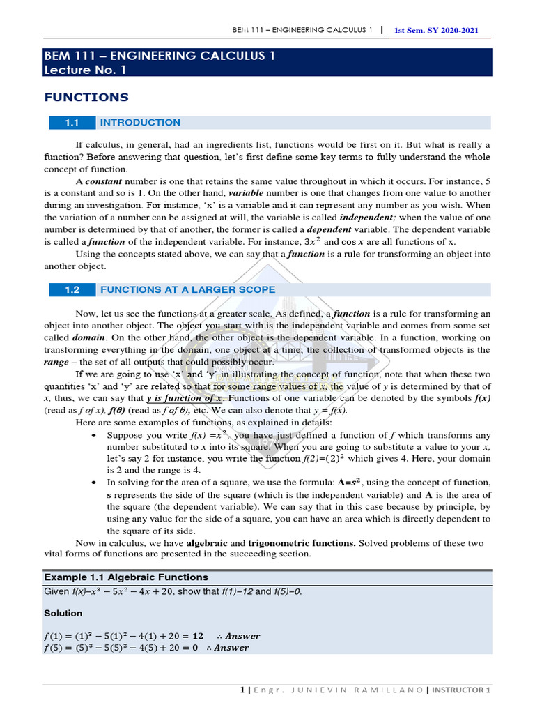 Calculus 1: Functions | PDF | Function (Mathematics) | Variable (Mathematics)