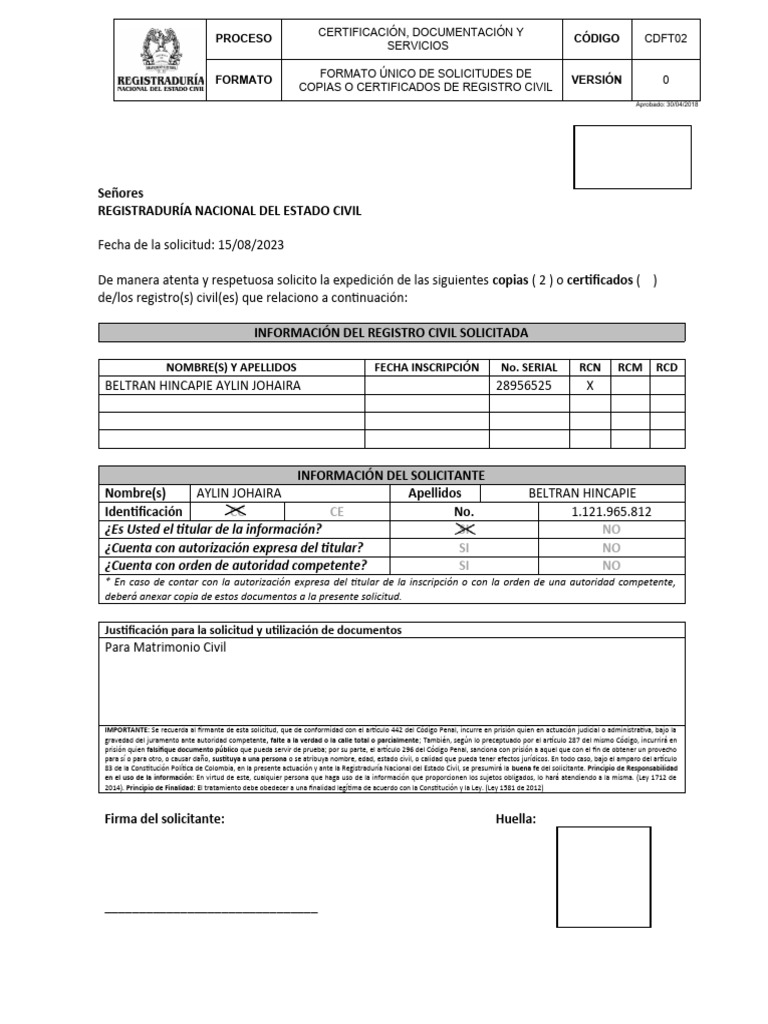Formato Solicitud de Registro Civil - CDFT02 | Descargar gratis PDF ...