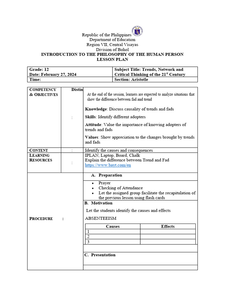 Lesson Plan - Trends 4 | PDF | Causality | Lesson Plan