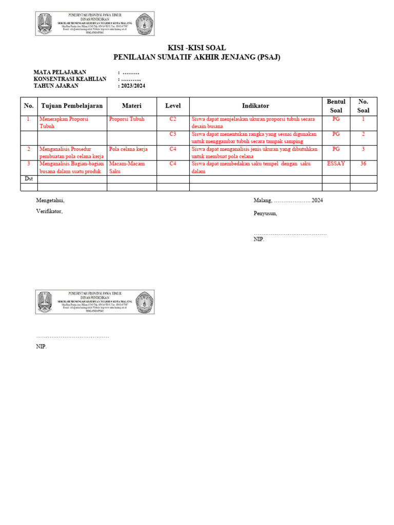 Form Kisi-Kisi Soal Psaj 2024 | PDF