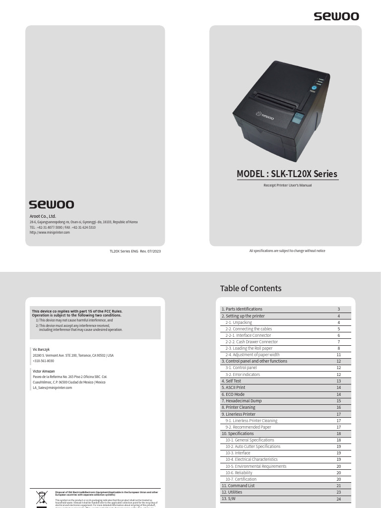 Sewoo Slk-tl20x Series User's Manual Eng_202307 | PDF | Printer (Computing) | Usb
