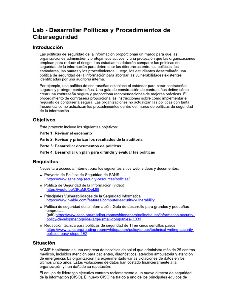 Lab - Desarrollar Políticas y Procedimientos de Ciberseguridad | PDF | Seguridad | La seguridad ...