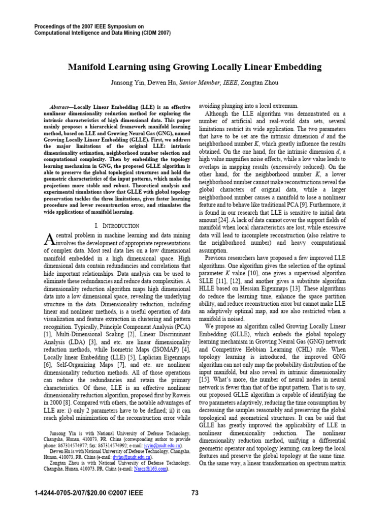 Manifold Learning Using Growing Locally Linear Embedding | PDF | Algorithms | Machine Learning