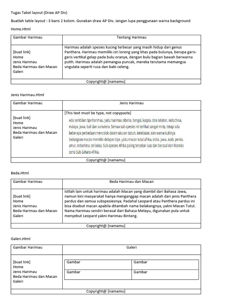 Tabel Layout untuk Informasi Harimau | PDF