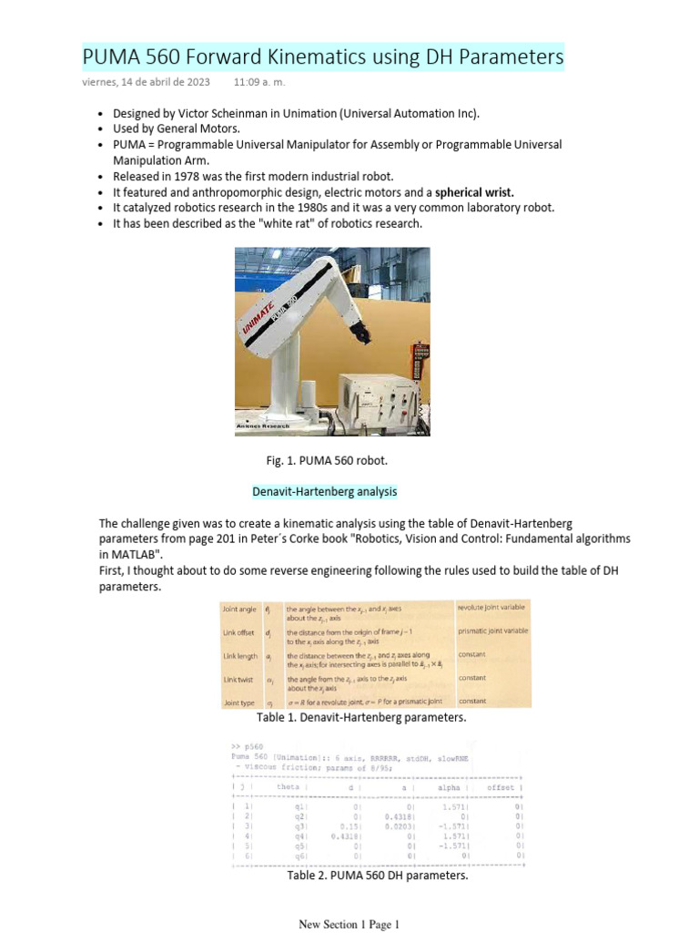PUMA 560 Forward Kinematics Using DH Parameters | PDF | Kinematics | Robotics