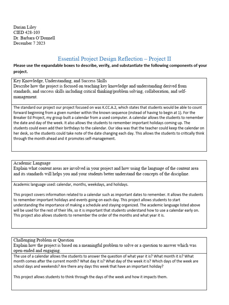 Essential Project Design Reflection - Project II 2 | PDF | Knowledge | Question
