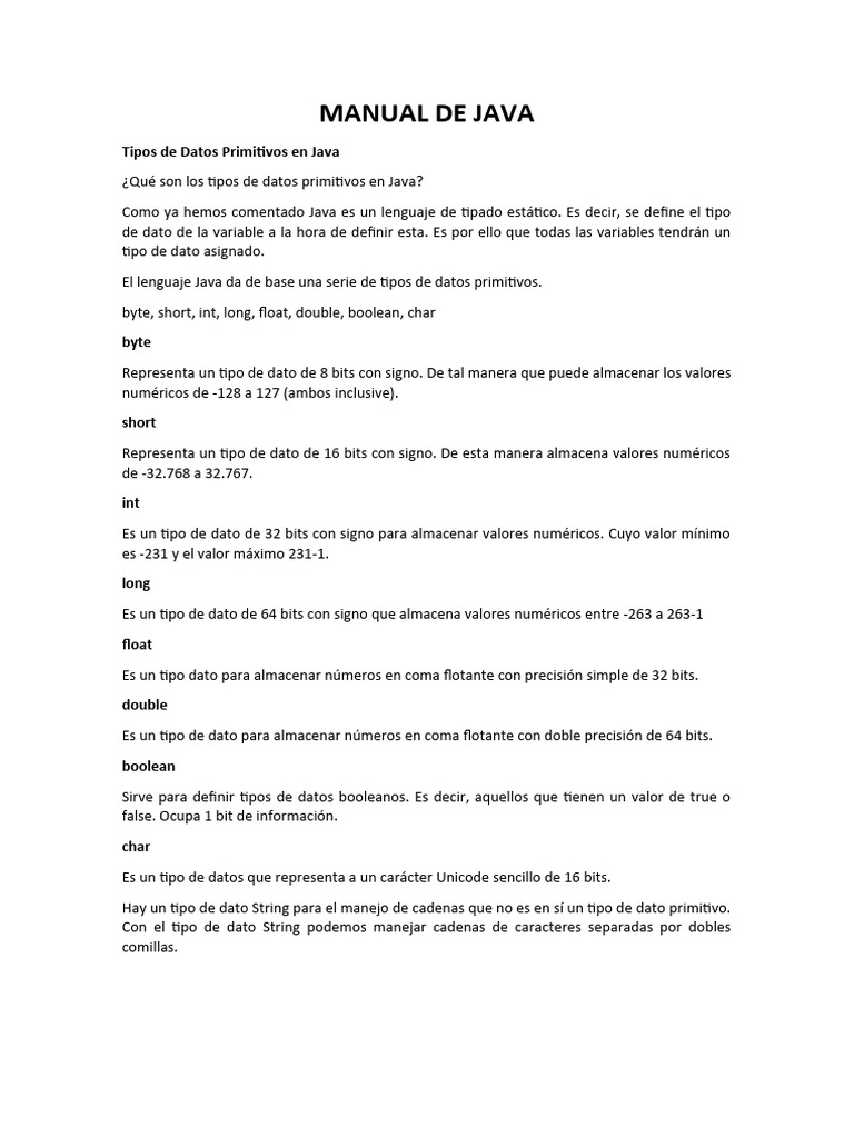 Manual de Java | PDF | Tipo de datos | Java (lenguaje de programación) Manual de Java | PDF | Tipo de datos | Java (lenguaje de programación)