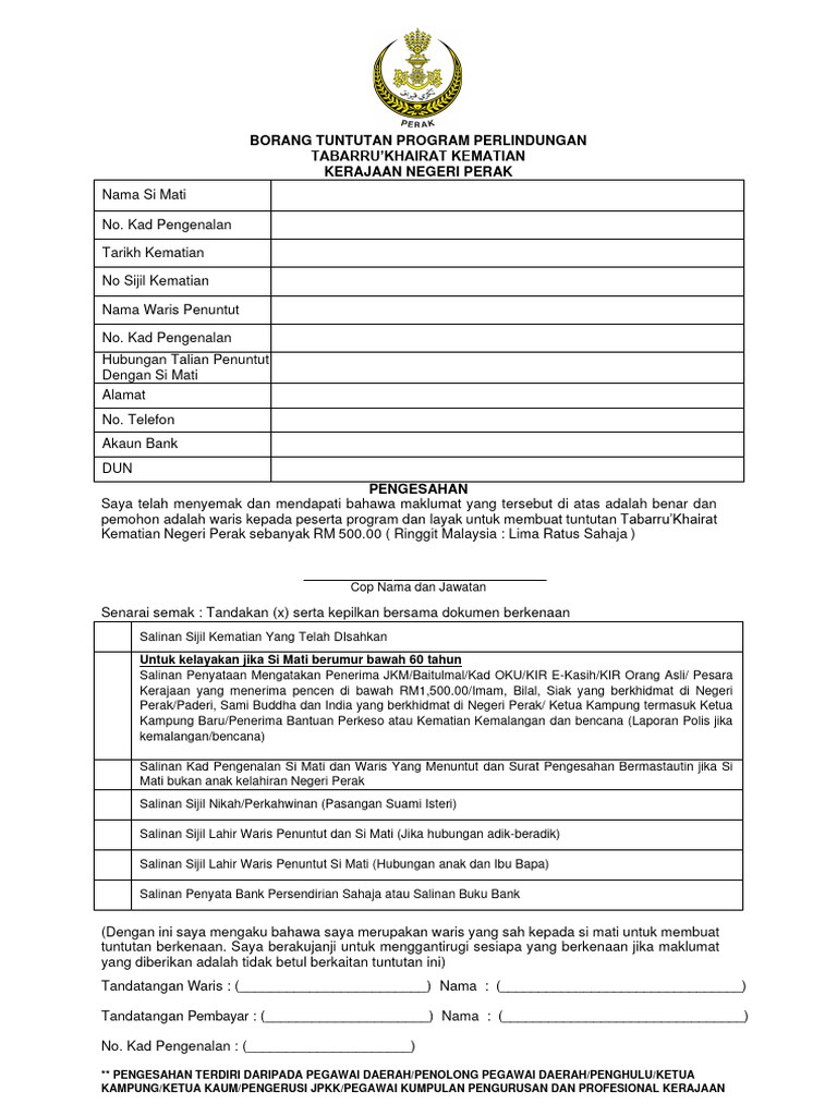 Borang Tuntutan Program Perlindungan Tabarru'Khairat Kematian Kerajaan Negeri Perak | PDF